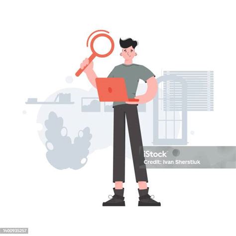 그 남자는 돋보기를 들고 완전히 성장하고 있습니다 검색 프리젠 테이션 사이트를위한 요소 돋보기 광학 기기에 대한 스톡 벡터 아트
