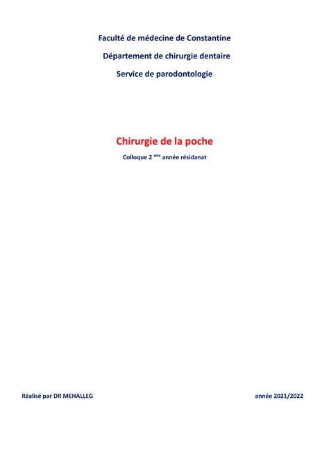 Chirurgie De La Poche Cours Résidanat Parodontologie Faculté De Médecine De Constantine
