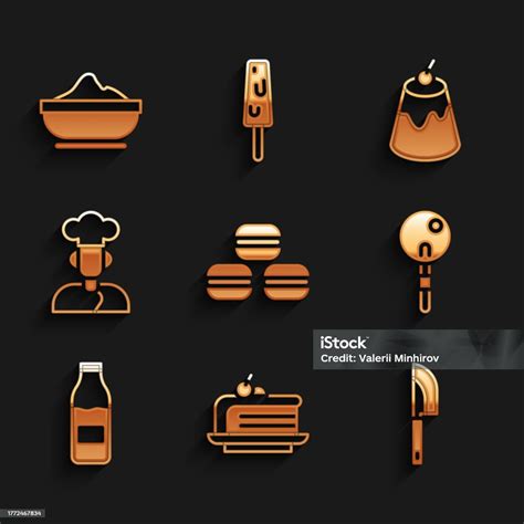 세트 마카롱 쿠키 케이크 조각 칼 막대 사탕 우유 병 요리사 푸딩 커스터드 및 밀가루 그릇 아이콘 벡터 0명에 대한 스톡 벡터 아트 및 기타 이미지 Istock