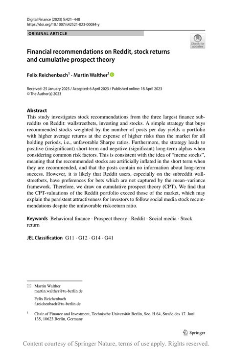 Pdf Financial Recommendations On Reddit Stock Returns And Cumulative Prospect Theory