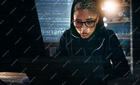 Premium Photo Hacker Woman In Dark Room With Laptop And Code Data