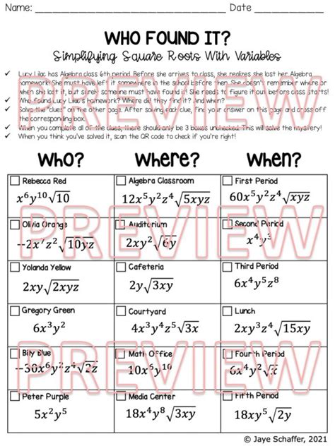 Simplifying Square Root Radicals With Variables Clue Mystery Activity Made By Teachers