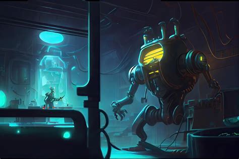 연구 실험실에서 일하는 휴머노이드 로봇의 생성 Ai 그림 과학 스튜디오 조명 판타지 구성 사이버 펑크의 인공 지능 자동화