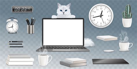 벡터 현대 문구 세트 물체 모형 노트북 커피 컵 알람 시계 책 노트북 식물 및 노트북 뒤에 흰색 고양이 사무실에 대한 스톡 벡터 아트 및 기타 이미지 Istock