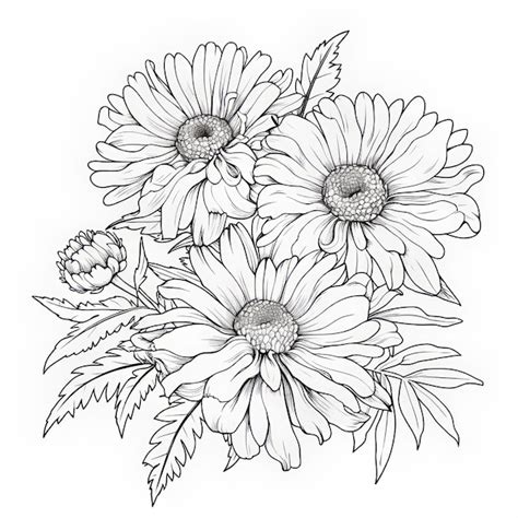상세한 데이지 색칠 페이지 현실적이고 상징적인 꽃 예술 프리미엄 사진