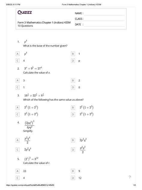 Form 3 Mathematics Chapter 1 Indices Kssm Pdf Mathematics