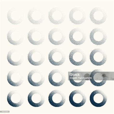 둥근 모양의 점선 개체 빈티지 스티플 요소 페이딩 그라디언트 점각 도트 워크 그리기 점을 사용한 음영 하프 톤 붕괴 효과 백색 소음 거친 질감 벡터 그림 0명에 대한 스톡