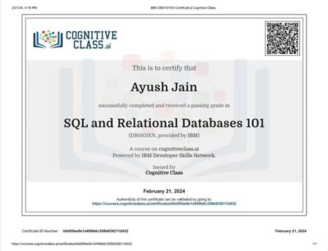 Completed Sql And Relational Databases With Cognitive Class Ayush Jain Posted On The Topic