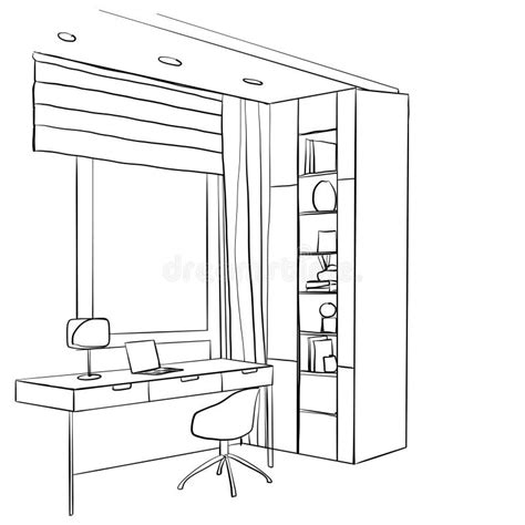 Table With A Computer Or Workplace Drawn By Hand Doodle Style Office
