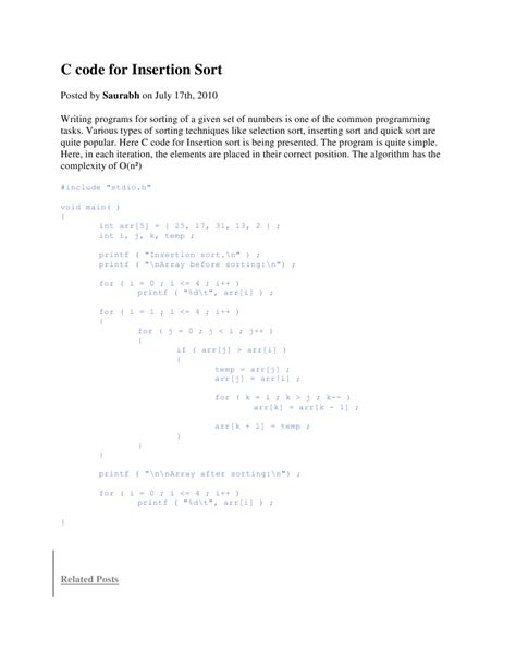 C Code For Insertion Sort Download Free Pdf C Programming Language Code