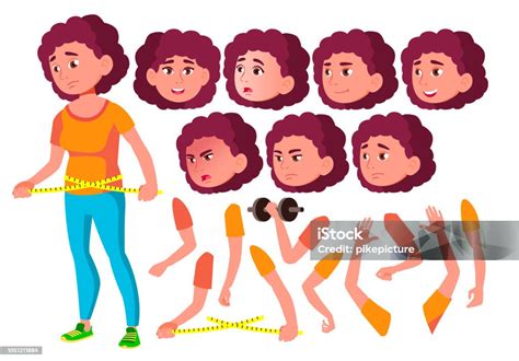 뚱뚱한 10 대 소녀 벡터입니다 십 대입니다 백인 긍정적인 감정 다양 한 제스처를 얼굴 애니메이션 만들기 세트입니다 플랫 만화 캐릭터 일러스트를 절연 개체 그룹에 대한 스톡