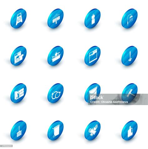 진공 청소기 세트 액체 식기 세척액용 플라스틱 병 물방울이 흐르는 샤워 헤드 세탁기 및 티셔츠 전기 다리미 수건 변기 브러시 및 아이콘 벡터 3차원 형태에 대한 스톡 벡터