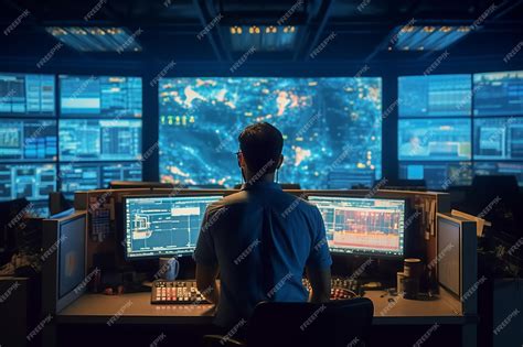 premium ai image modern control room with multiple screens displaying