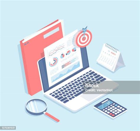 175감사 분석 회계 계산 분석 노트북 화면 폴더 돋보기 계산기 달력 대상에 차트 그래프가있는 문서 등도 3d 벡터