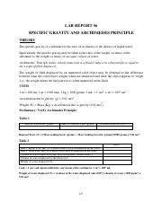 CHAPTER SPECIFIC GRAVITY AND ARCHIMEDES PRINCIPLE LAB CLASS Pdf LAB REPORT SPECIFIC