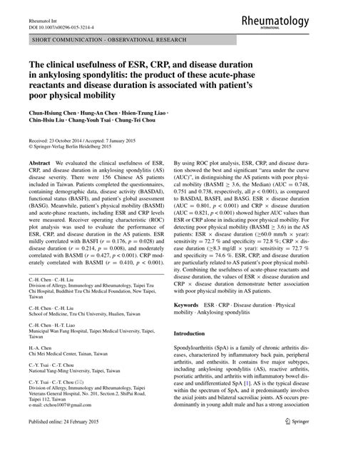 Pdf The Clinical Usefulness Of Esr Crp And Disease Duration In Ankylosing Spondylitis The
