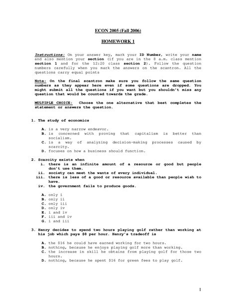 Homework 1 Principles Of Economics Econ 2005 Docsity