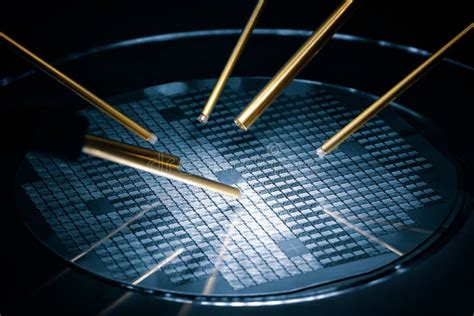 Close Up Of Examining Of Test Sample Of Microchip Transistor Under The Microscope In Laboratory