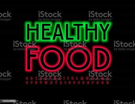 벡터 네온 기호 현대 알파벳 문자 와 숫자 세트와 함께 건강 한 음식 개념에 대한 스톡 벡터 아트 및 기타 이미지 개념