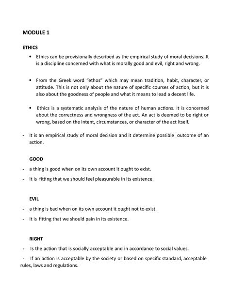 Module 1 Chapter 1 Notes Module 1 Ethics Ethics Can Be Provisionally Described As The