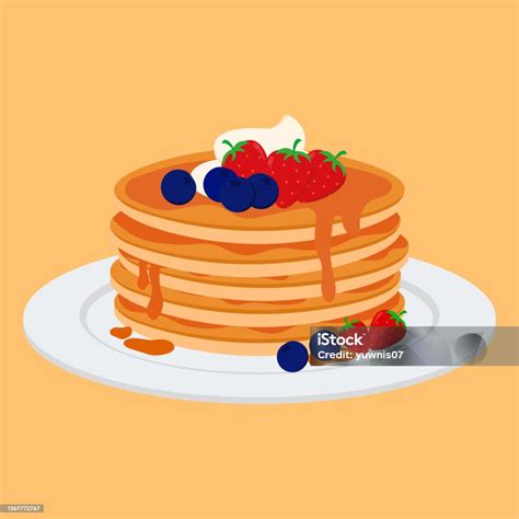 블루베리와 딸기 벡터 일러스트 이미지를 가진 플랫 팬케이크 애니메이션 만화 Shrove Tuesday에 대한 스톡 벡터 아트 및