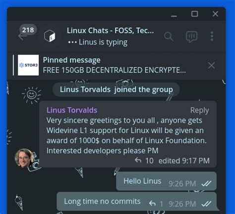 Always Nice To Talk To Linus Torvalds On Telegram R Linuxmemes