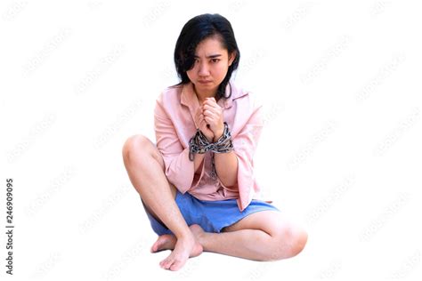 Slave Woman Hands Tied Up With Steel Chain On White Background Stock Photo Adobe Stock