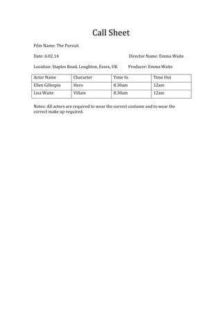 Call Sheet DOCX Women S Clothing Women S Fashion