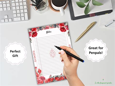 Red Roses Notes Page Printable Lined Snail Mail Pen Pals Note Taking Writing Paper Planner