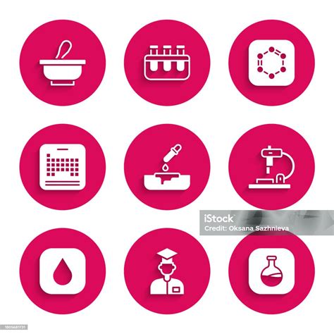 피펫 실험실 조수 시험관 및 플라스크 현미경 물방울 주기율표 벤젠 고리 공식 및 모르타르 유봉 아이콘으로 페트리 접시를