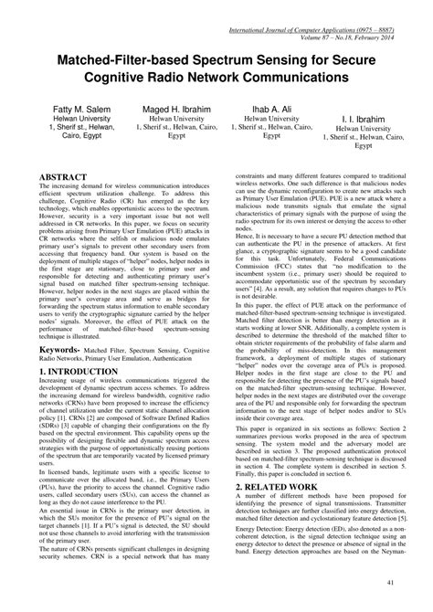 Pdf Matched Filter Based Spectrum Sensing For Secure Cognitive Radio Network Communications