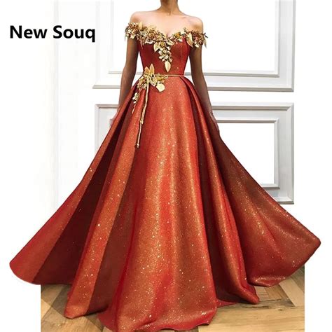 오프 숄더 스팽글 중동 두바이 댄스 파티 드레스 Golded 3d 꽃 아플리케 긴 소매 이브닝 가운 레드 카펫 드레스프롬
