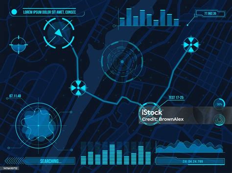 Hud 탐색지도 목표 다이어그램 및 차트와 사이버 디자인 도시 거리 로드맵 Gps 방향 앱 벡터 템플릿에 대한 미래 지향적 인 Ui 0명에 대한 스톡 벡터 아트 및 기타