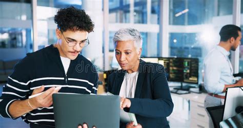 man developer and mentor on laptop in office for programming coding training and server update