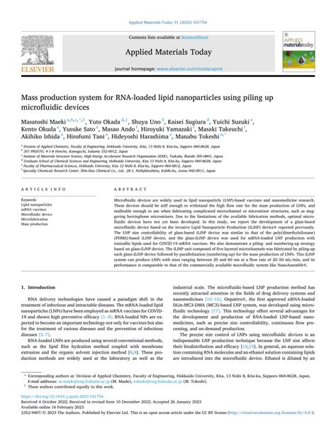 PDF Mass Production System For RNA Loaded Lipid Nanoparticles Using Piling Up Microfluidic Devices