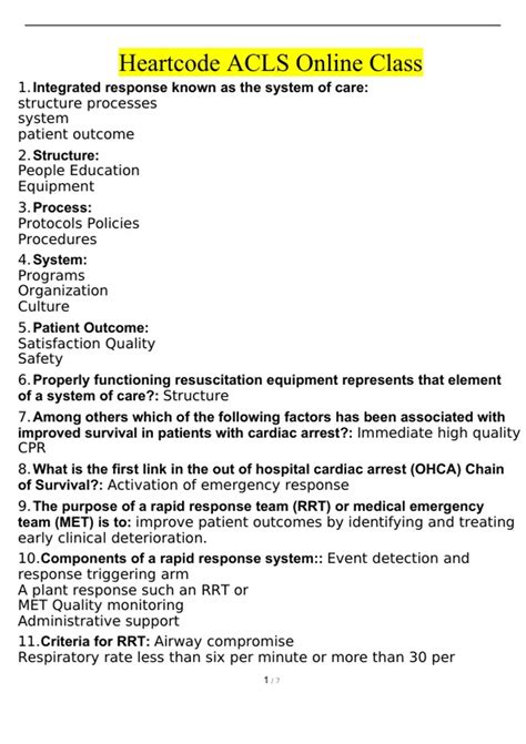 Heartcode Acls Online Class Questions And Answers Updated 2023 2024 Verified Answers