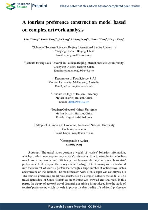 Pdf A Tourism Preference Construction Model Based On Complex Network