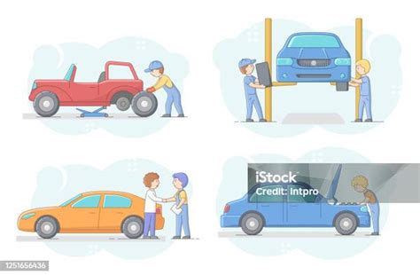 자동차 수리 점 개념 균일 한 변화하는 차량 타이어 및 수리 엔진의 전문 역학 세트 서비스에서 자동차를 고정 남성 문자 만화