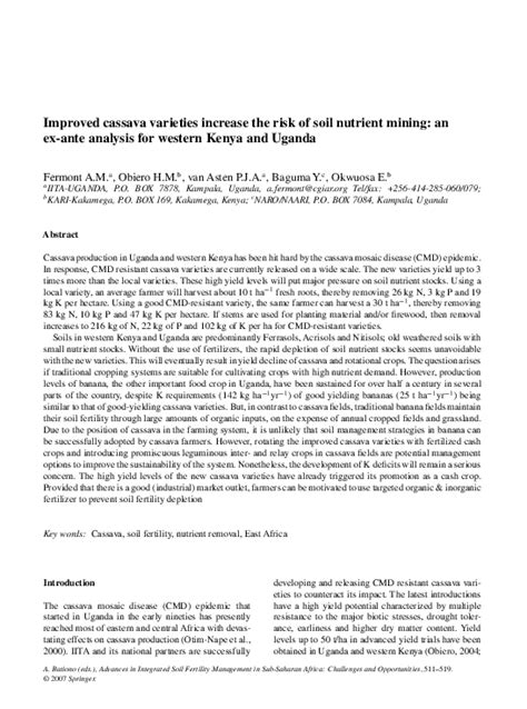 Pdf Improved Cassava Varieties Increase The Risk Of Soil Nutrient