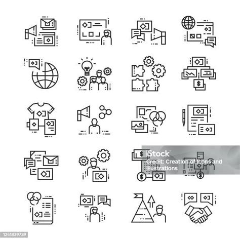 브랜딩 블랙 라인 아이콘 세트입니다 홍보 및 광고 유통 채널 웹 페이지 모바일 앱 프로모션용 픽토그램 Ui Ux Gui 디자인 요소입니다 편집 가능한 스트로크입니다 개념에