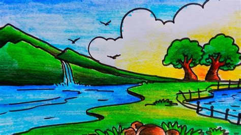 How To Draw Nature Scenery Of Waterfall How To Draw Easy Nature