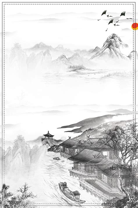 中国风水墨山水画背景 背景 国风背景 水墨 山水画 中国风 山峰 山脉 墨水 复古 国画 小船 分层文件 PSD源文件 高清背景 PSD素材