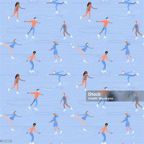 겨울 얼음 스케이트를 타는 사람들이 문자로 완벽 한 패턴입니다 벡터 일러스트 레이 션 아이스 링크에 대한 스톡 벡터 아트 및 기타 이미지 아이스 링크 개념 겨울