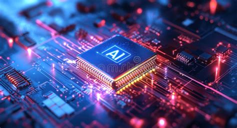 Artificial Intelligence Microchip Integrated Within A Futuristic Glowing Circuit Board Stock