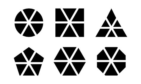 기하학적 모양은 흰색 배경에 고립 된 6 부분으로 나뉩니다 원형 정사각형 및 삼각형 오각형 육각형 및 팔각형 모양이 동일한 조각으로 자릅니다 벡터 그래픽 일러스트 레이 션