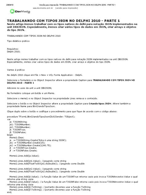Versão Para Impressão Trabalhando Com Tipos Json No Delphi 2010