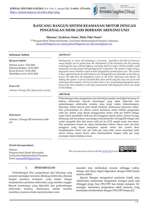 Pdf Rancang Bangun Sistem Keamanan Motor Dengan Pengenalan Sidik Jari Berbasis Arduino Uno