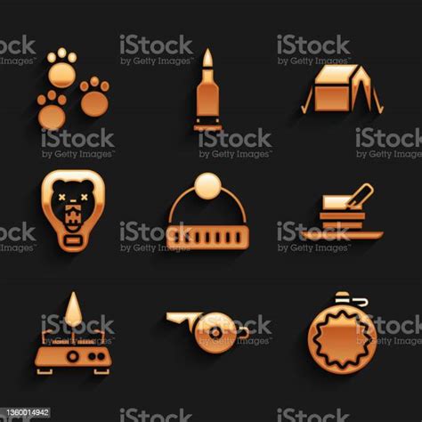 세트 겨울 모자 휘파람 매점 물병 깃털사냥꾼 캠핑 가스 스토브 방패에 곰 머리 관광 텐트와 발 인쇄 아이콘 벡터 개인 장식품에 대한 스톡 벡터 아트 및 기타 이미지 Istock