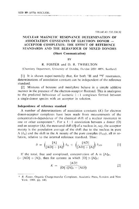 Pdf Nuclear Magnetic Resonance Determination Of Association Constants Of Electron Donor
