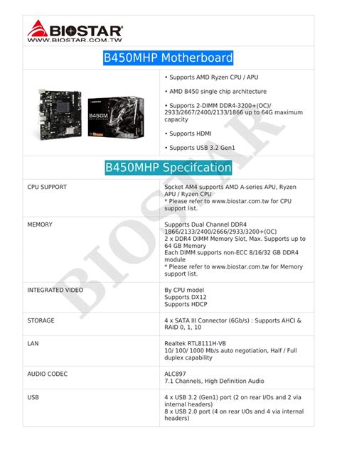 Biostar B450MHP Spec | PDF